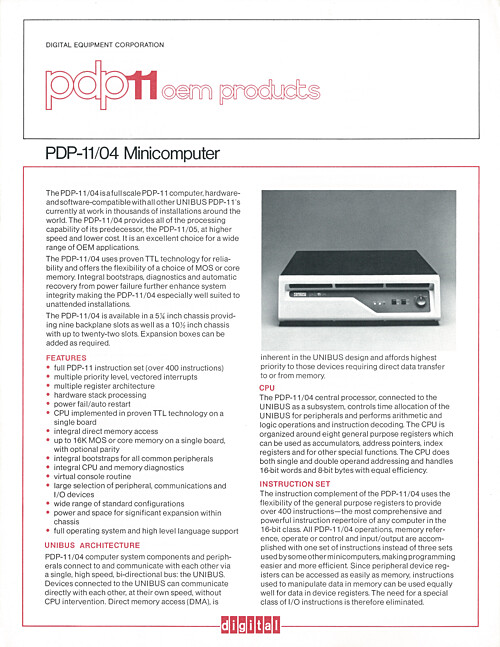 Digital PDP-11/04 Minicomputer - Classic Computer Brochures