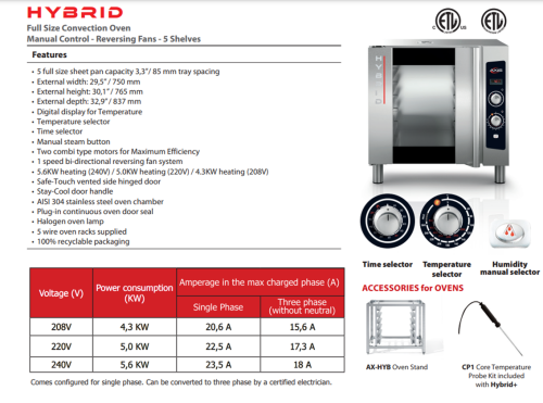 Full Size Electric Convection Oven Axis, AX-HYBRID | Cloud Commercial Sales