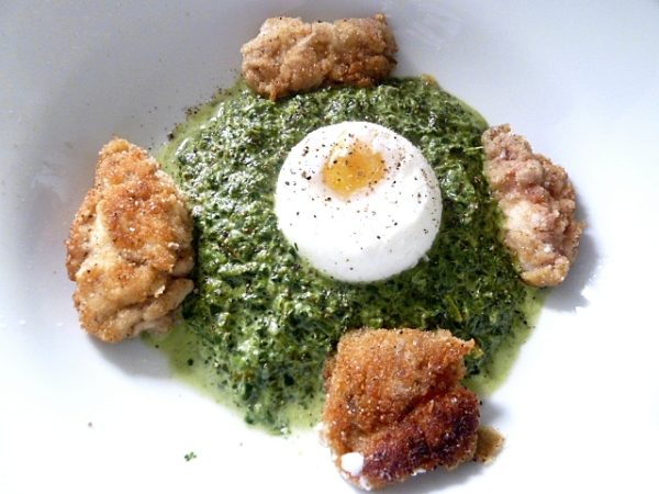 Sauerampferspinat mit gebackenen Kalbshirn und pochierten Ei – Der Mut ...