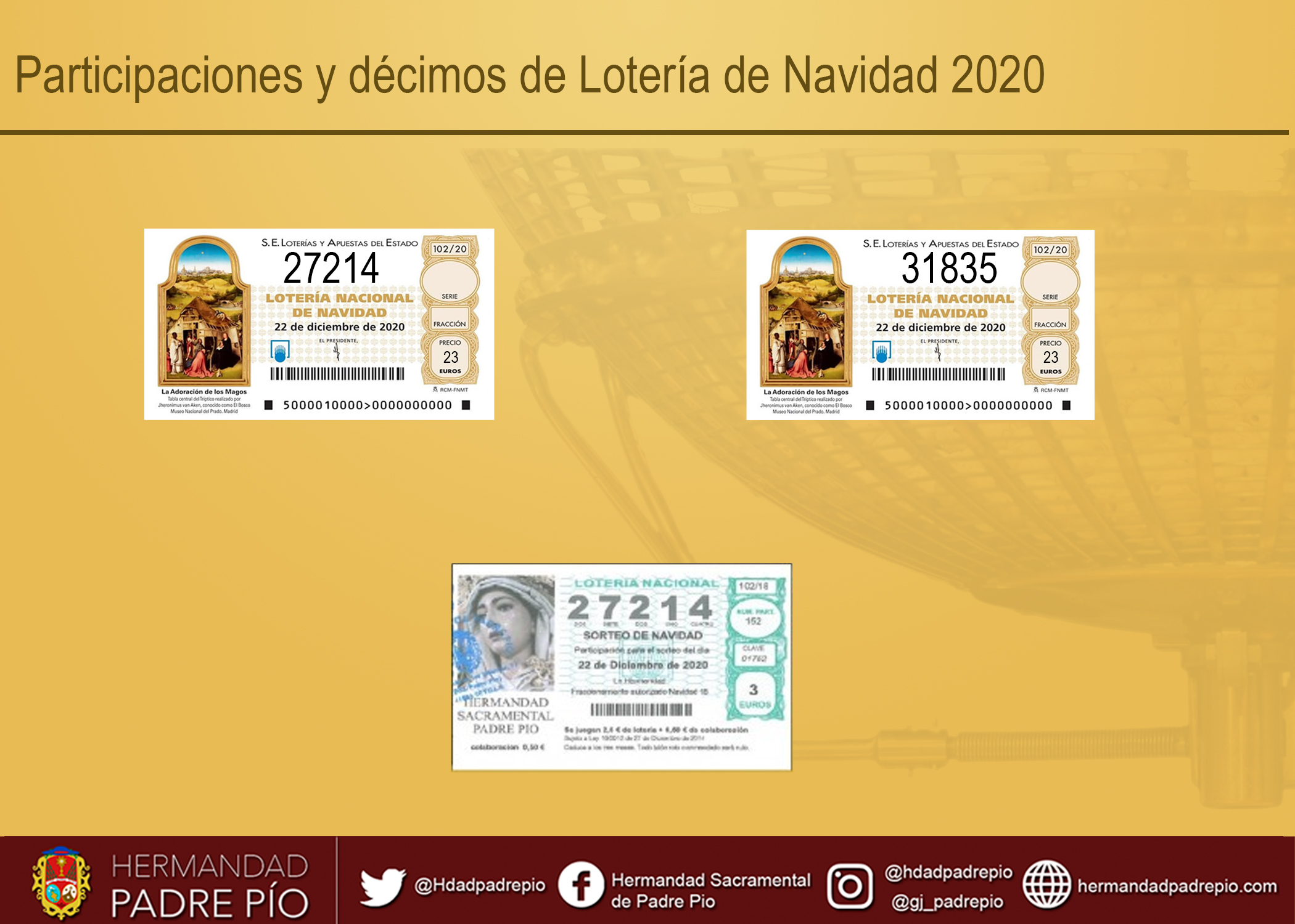 Participaciones y décimos de lotería de Navidad 2020 – Hermandad Padre Pio