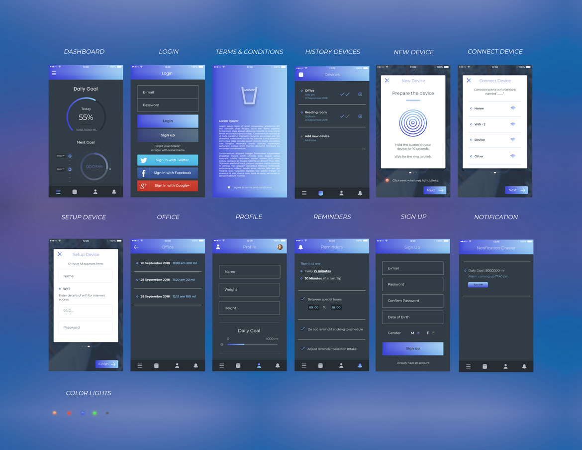 Daily Goal and Register Device Blue App Design Template in PSD File