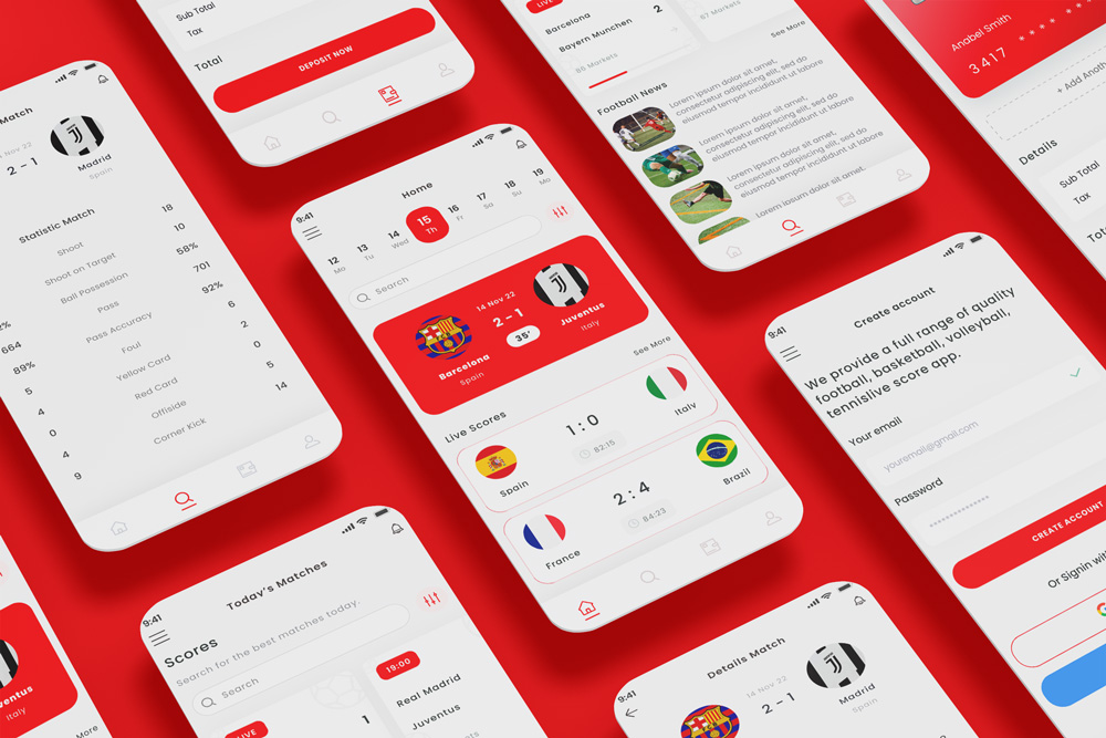 Sport, Football, Soccer, Match & Live Score App Design UI Kit Template