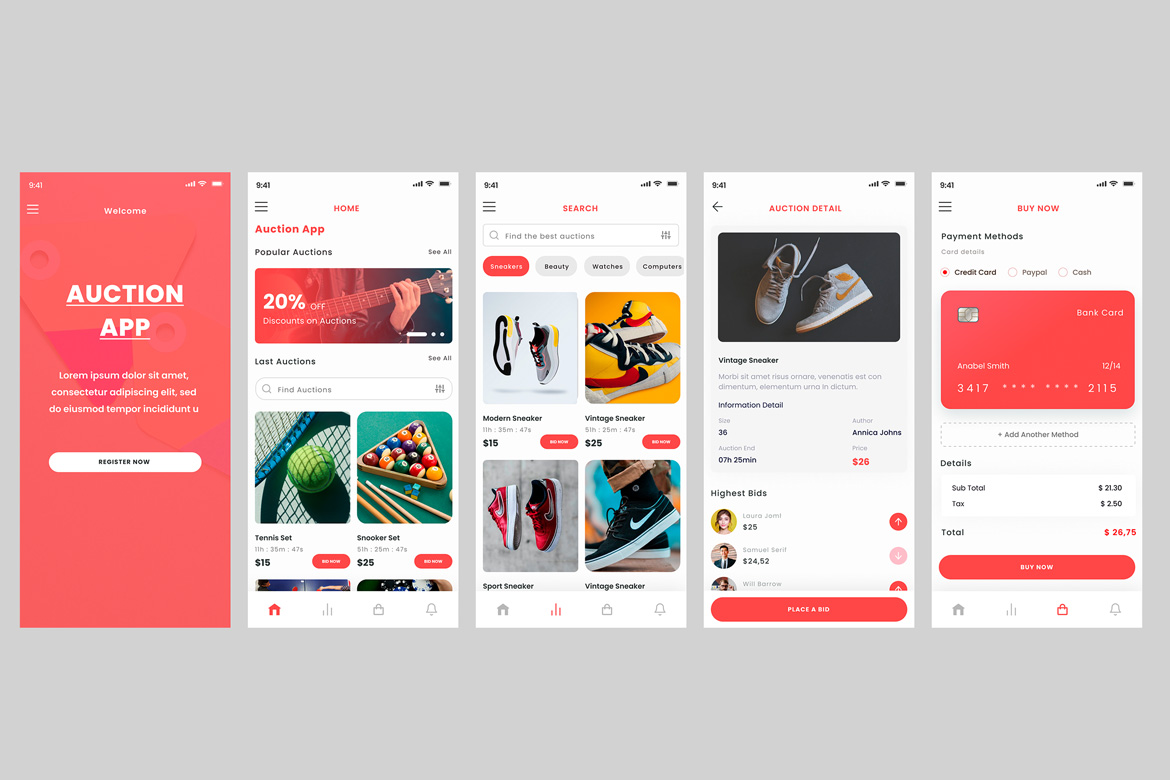 Auction & Bidding, Shoes Shop & Sneaker Market Mobile App Template