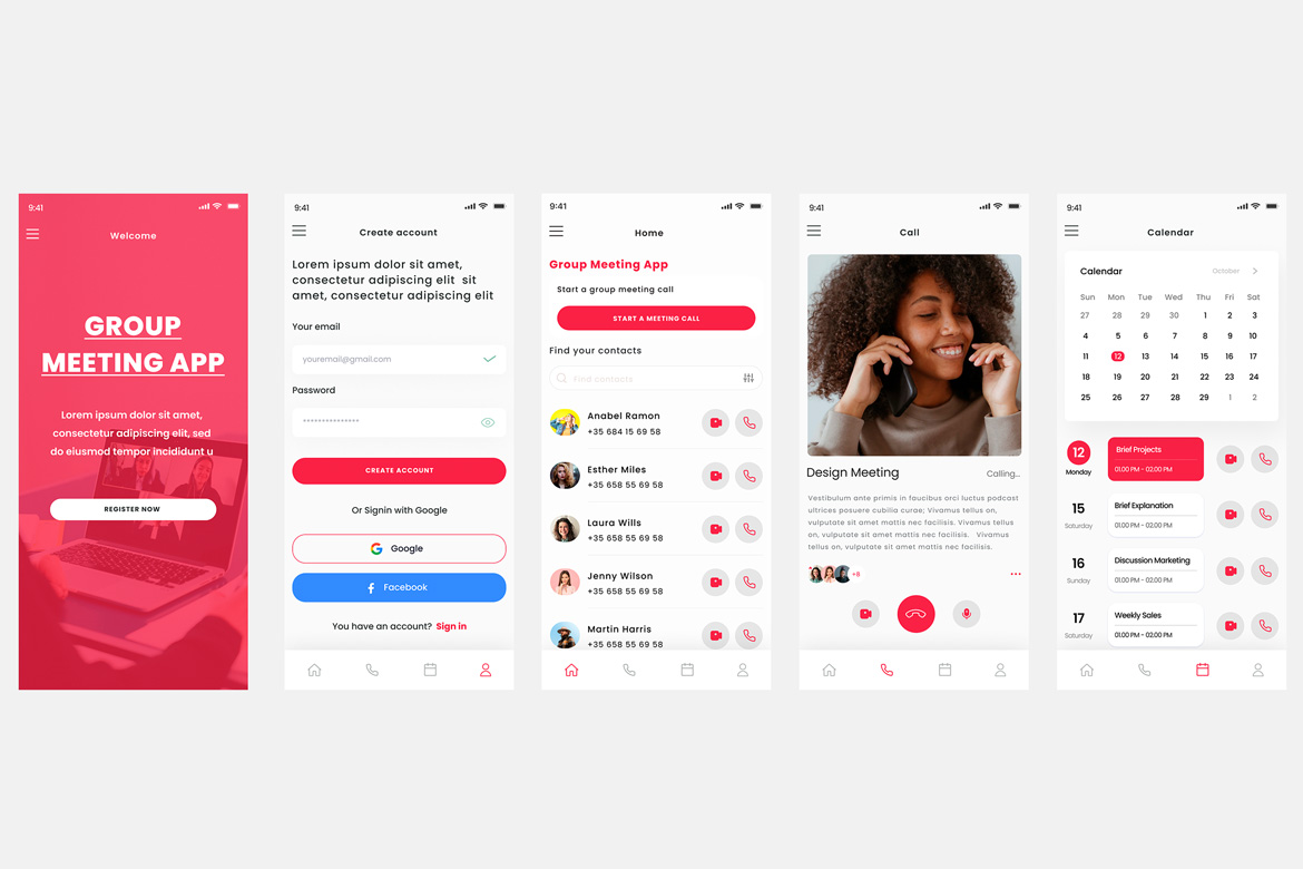 Online Group Meeting, Team Call Conference Mobile App UI Template