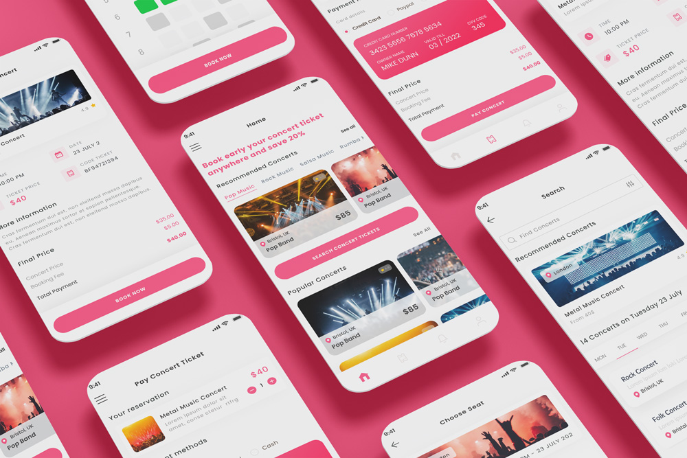 Concert, Music festival, Act & Events Ticket App Design UI Kit Template