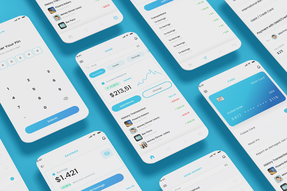 Online Bank, Saving & Card Manage Send Money App Design Template