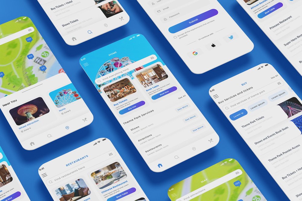 Theme Park & Amusement, Adventure, Water Park App UI Kit Template
