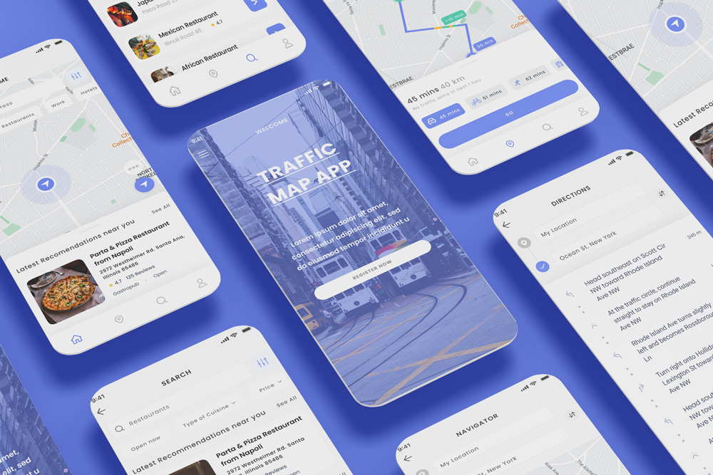 Traffic, Map, Location, Search & GPS Navigation App UI Kit Template