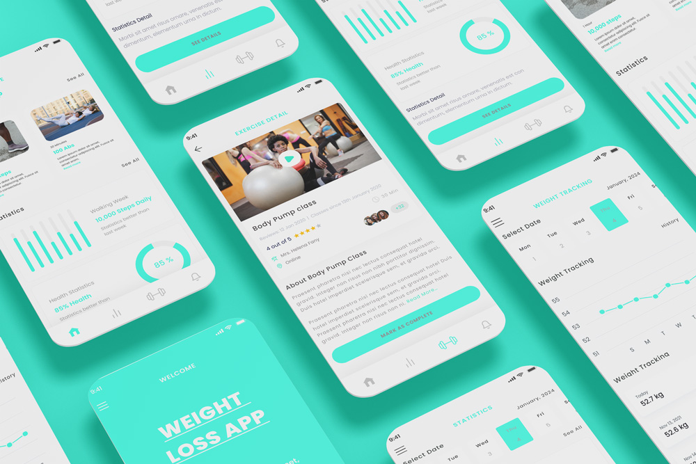 Weight Loss Tracker, Diet, Exercise & Workout App Design Template