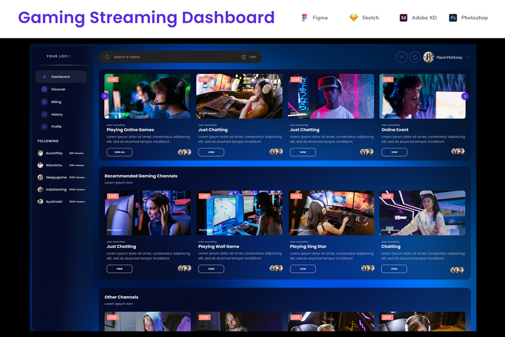 Game Live Streaming Music, Gaming Stream Dashboard UI Template