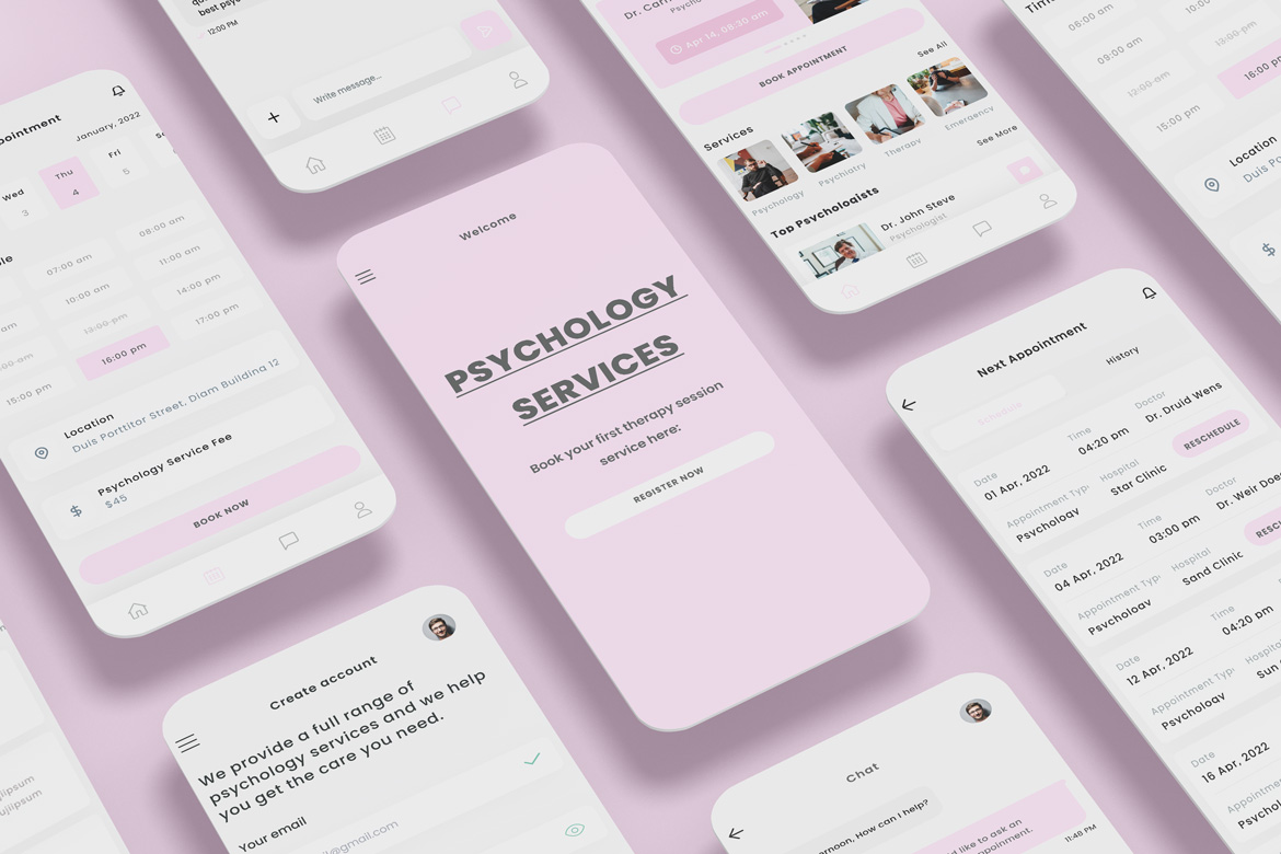 Psychologist, Psychology & book therapy app UI kit Template