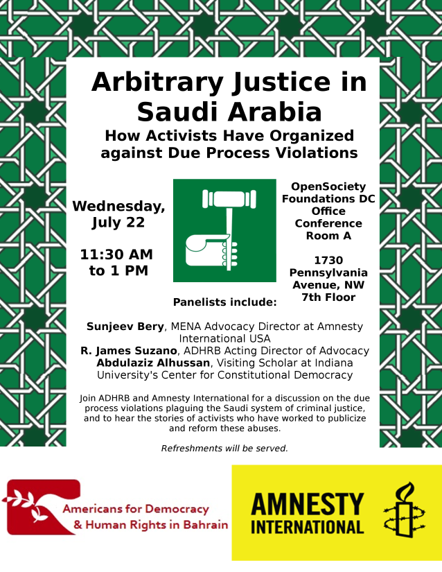 Event: Arbitrary Justice in Saudi Arabia | Americans for Democracy & Human Rights in Bahrain