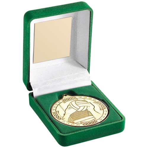 GREEN VELVET BOX AND 50mm MEDAL GAELIC FOOTBALL TROPHY GOLD - 3.5in ...