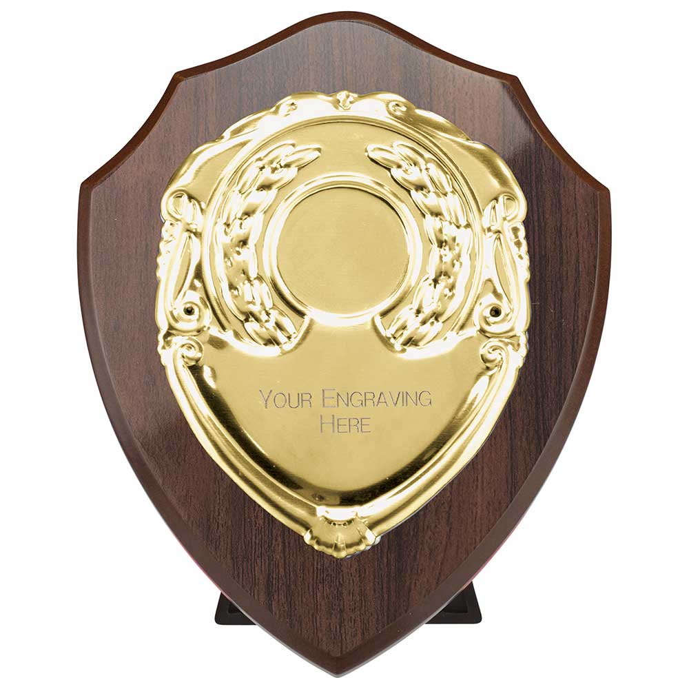 Reward Shield & Front Cracked Cherry & Gold 125mm - bespokesportsmedals.com