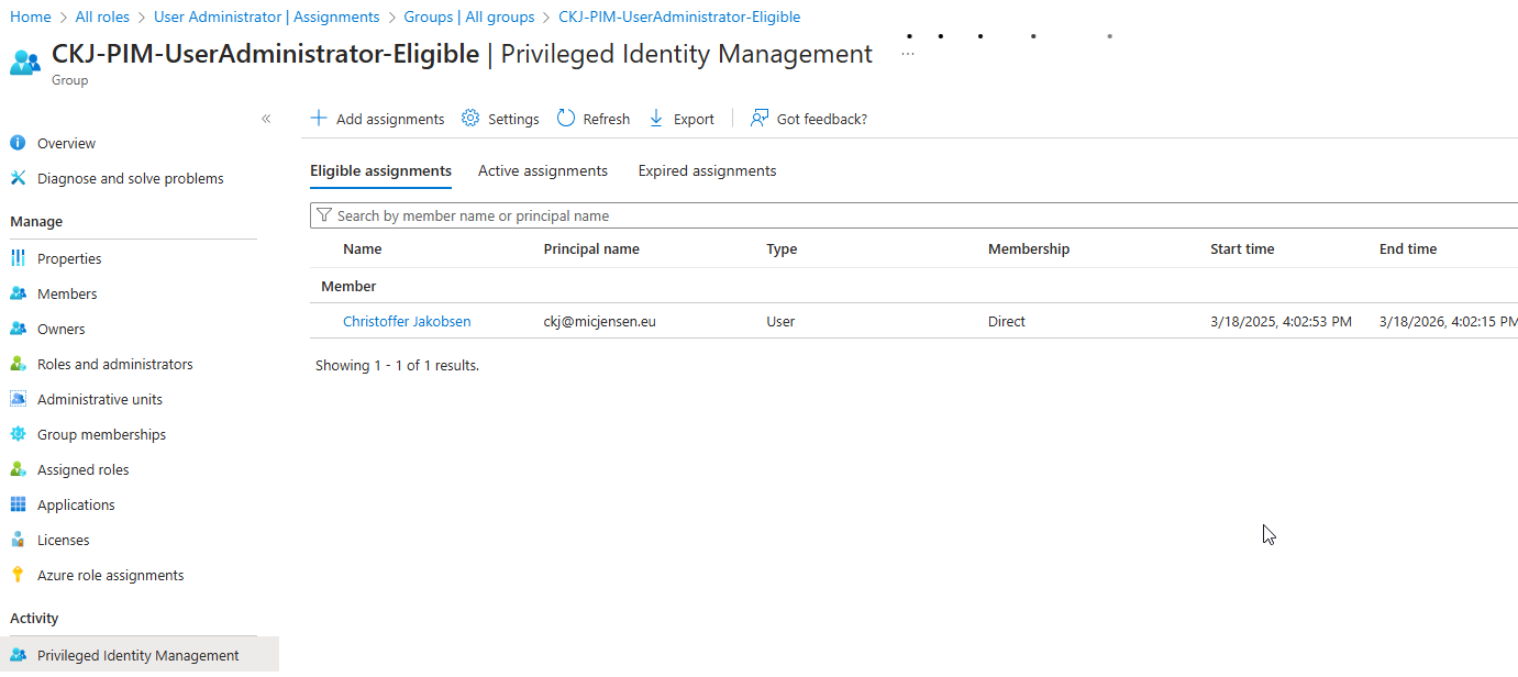 Create PIM group for Entra Roles - Visible Assignments - Christoffer Klarskov Jakobsen ...