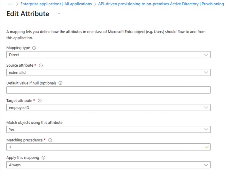 Modifying the attribute mapping in API-driven provisioning to on-premises Active Directory ...