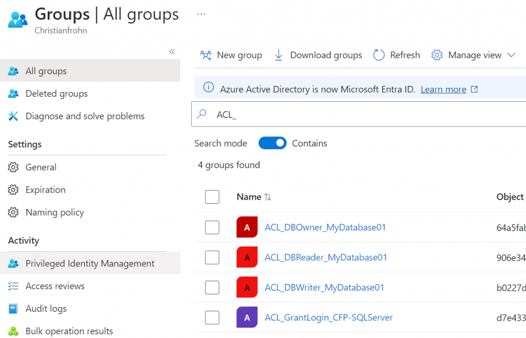 Assign Azure SQL database permissions to AAD group – christianfrohn.dk