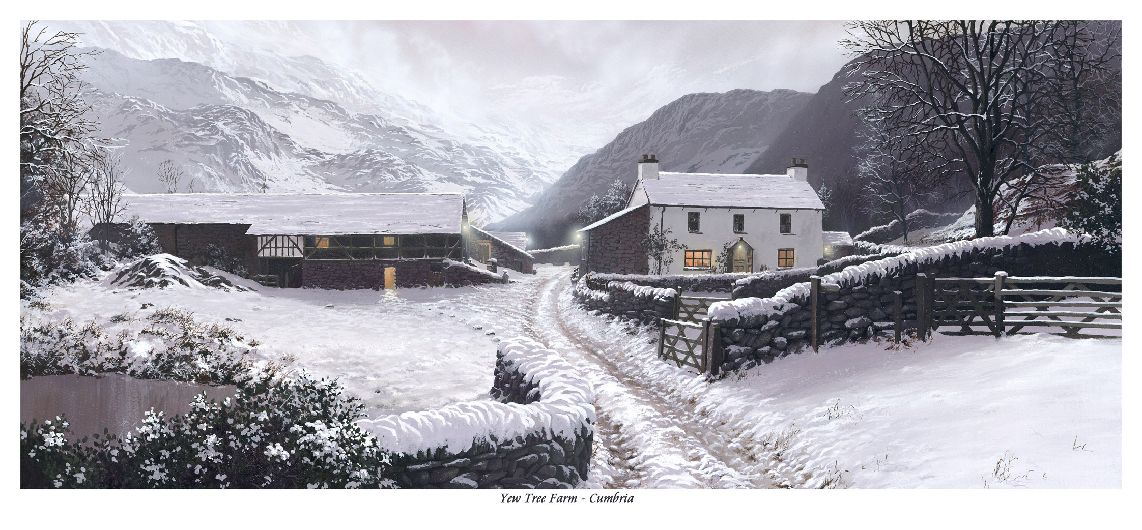 Yew Tree Farm Snow Lake District Print by Artist Craig Long.