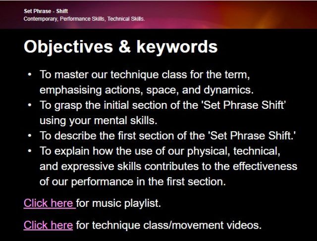 GCSE Dance - Set Phrase Shift - Scheme of Work - Dance Resources for Teachers - DanceResources.co.uk