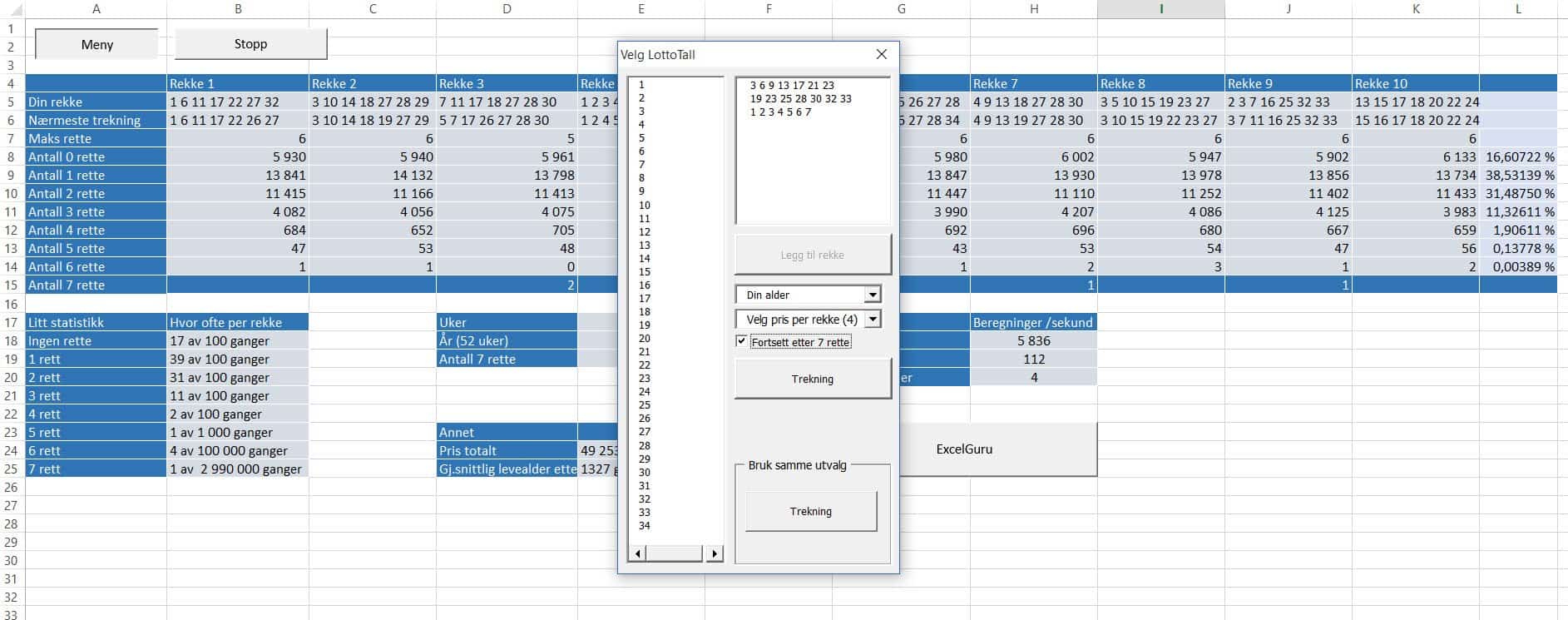 Lottosimulator - ExcelGuru - Excel på Norsk