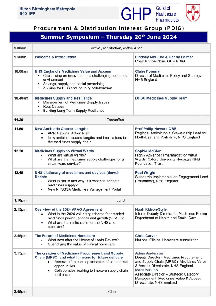 PDIG Summer Symposium Programme 2024 – Guild of Healthcare Pharmacists