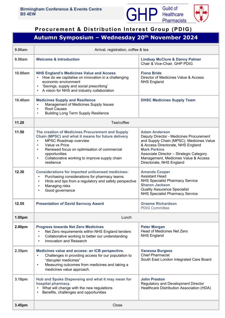 PDIG November 2024 Symposium Programme – Guild of Healthcare Pharmacists