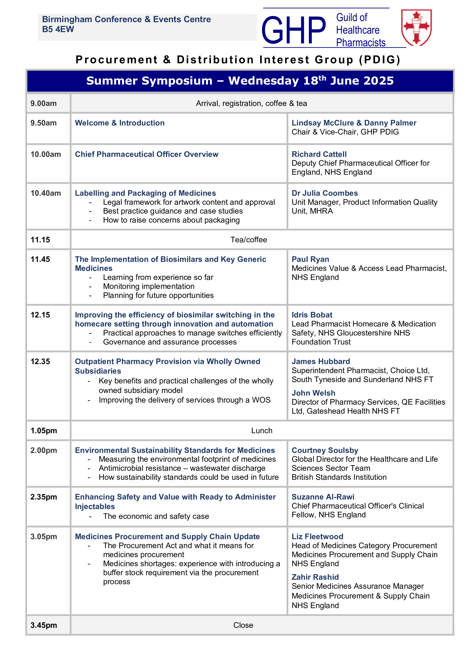 PDIG Summer Symposium Programme 2025 – Guild of Healthcare Pharmacists