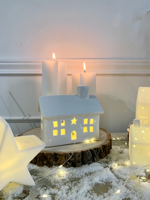 White Ceramic LED House with Star Cut Out