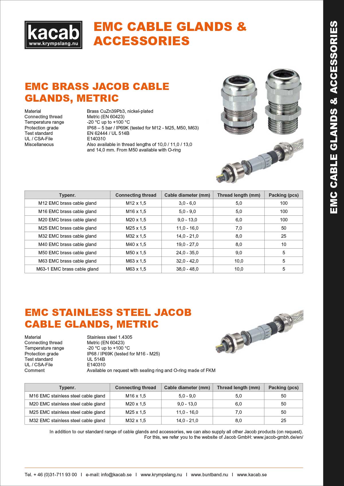 EMC stainless steel Jacob cable glands - Metric - Förskruvningar