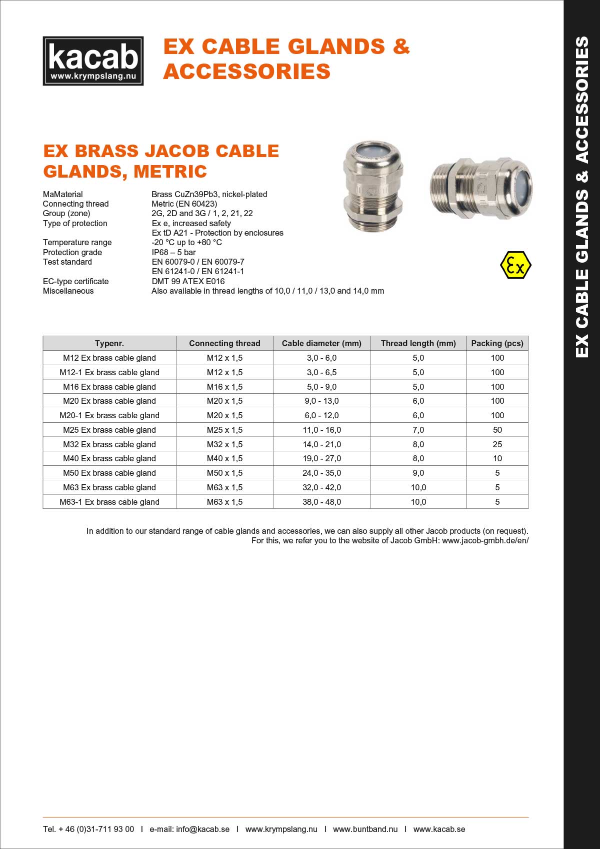 Ex brass Jacob cable glands - Metric - Förskruvningar
