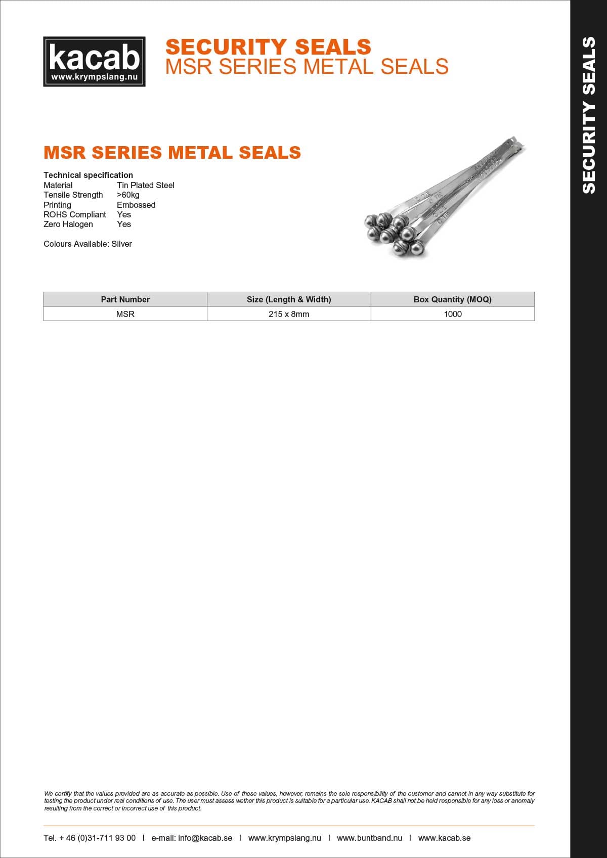 MSR Series Metal Seals - Security Seals - KACAB Teknik AB