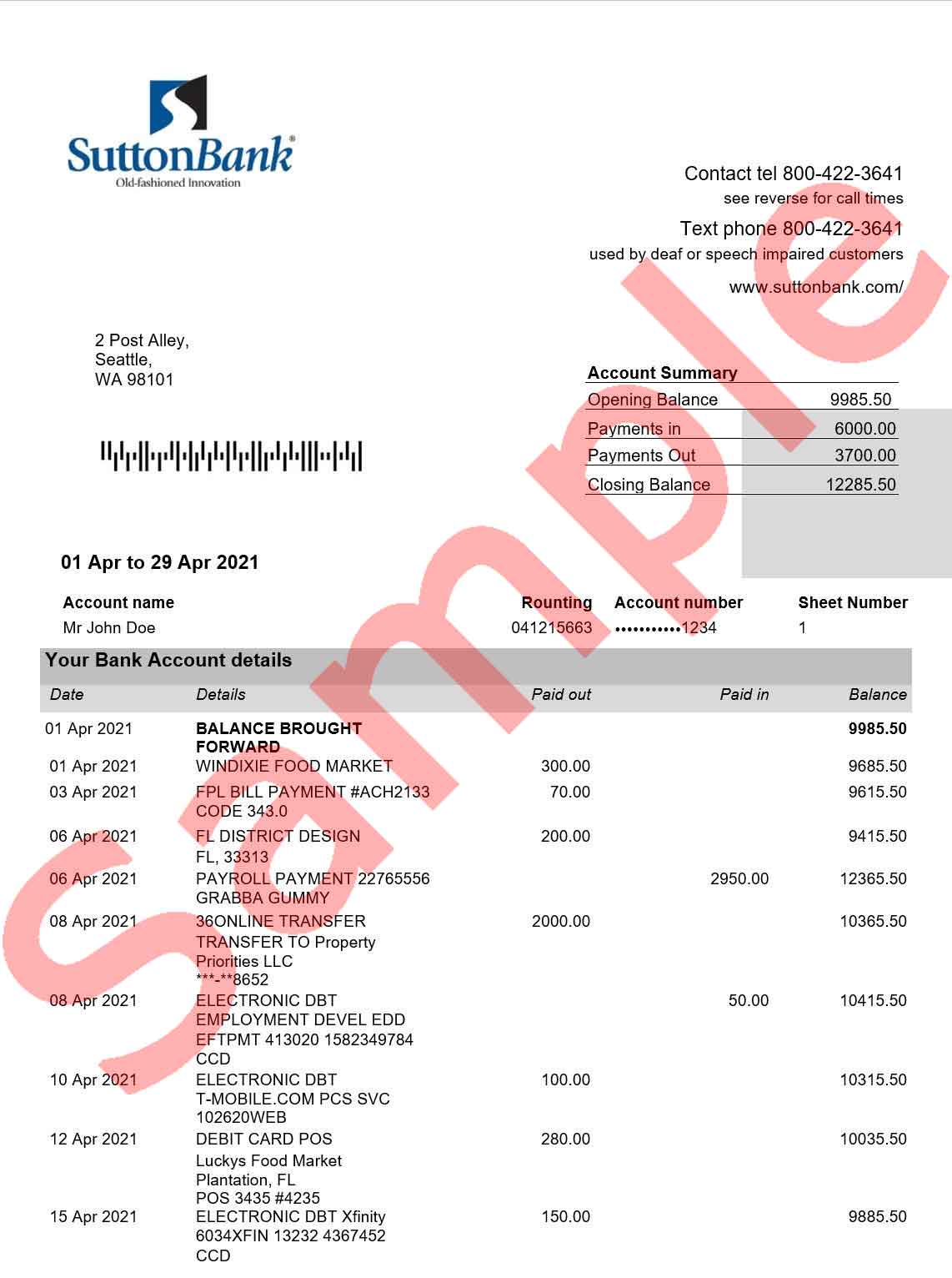 Sutton Bank Statement – PDF Template Editor