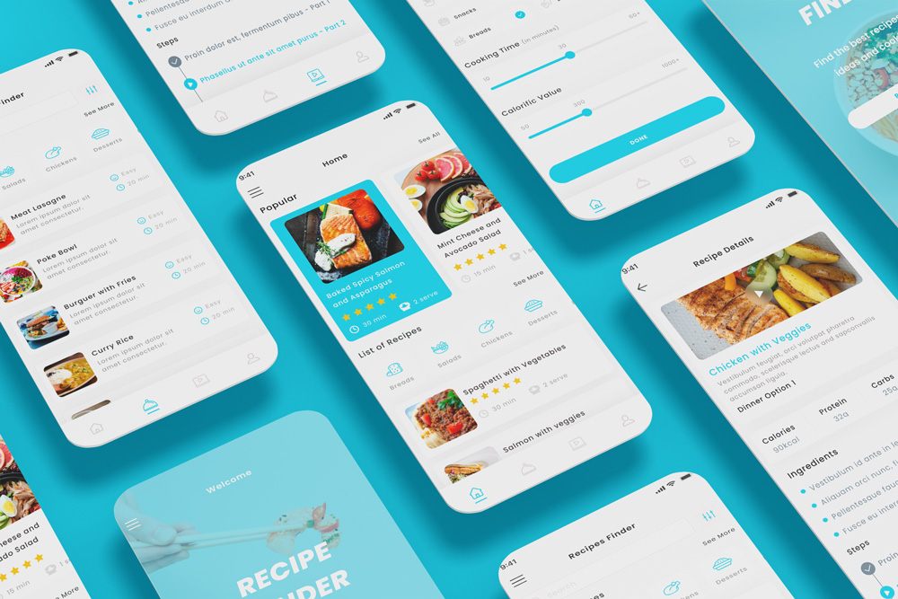 Food Recipe, Cooking & Food Plan Blue App & Ui Kit Template
