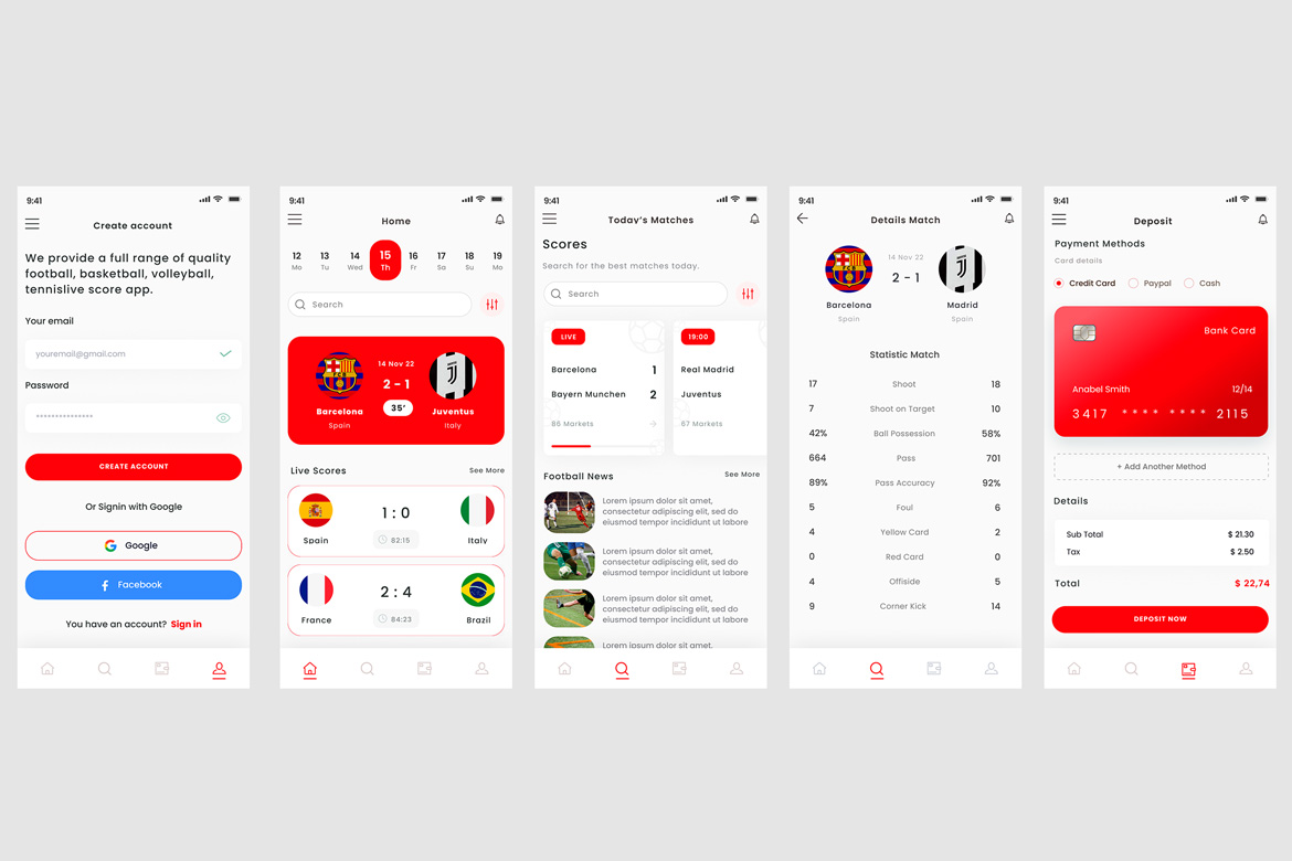 Sport, Football, Soccer, Match & Live Score App Design UI Kit Template