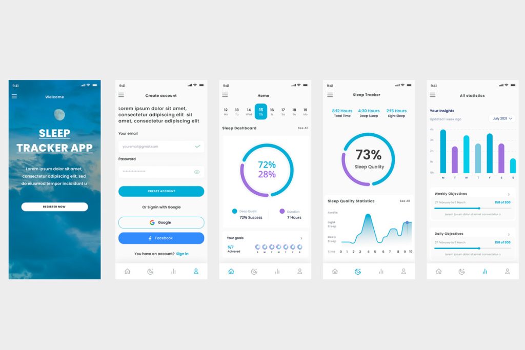 Sleep Tracker, Sleeping Habits & Health Tracking App UI Template