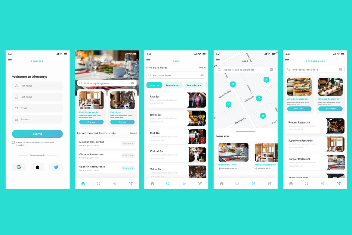 Restaurant, Bar & Coffee Shop Directory Finder App Ui Kit Template