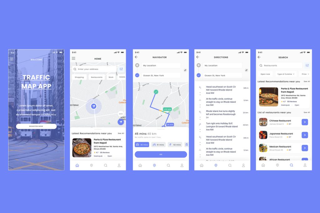 Traffic, Map, Location, Search & GPS Navigation App UI Kit Template