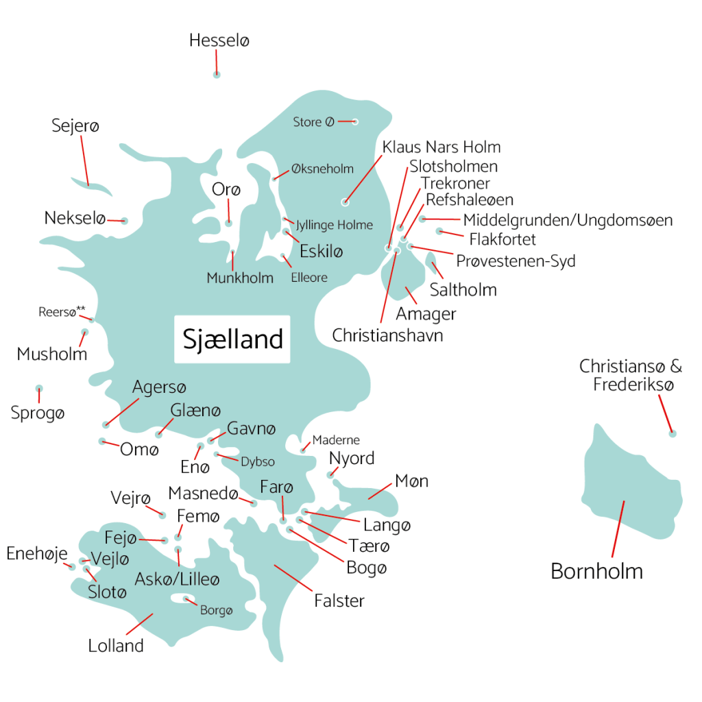 Kort over Danmarks øer. Læs på Rundt i Danmark og find de danske øer