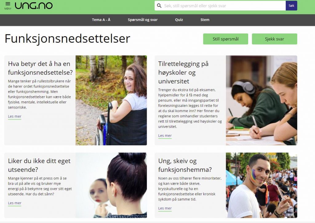 Lenker til info om funksjonshemming på ung.no – Skolen er for alle