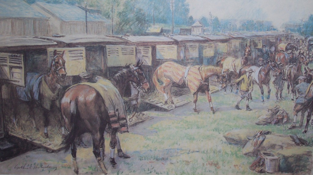 Gilbert Holiday Prints Racehorses unloading at a Railway Station