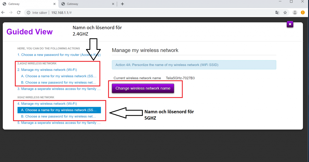 Hur du byter namn och lösenord på wifi, Technicolor TG799 (telia/comhem ...