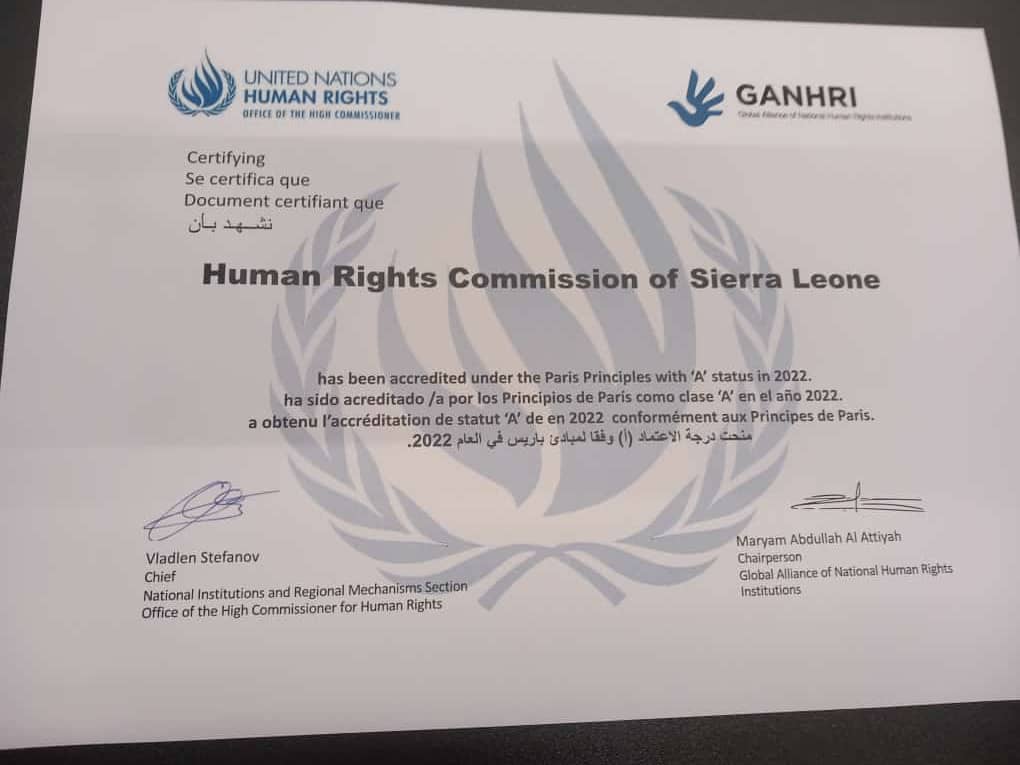SIERRA LEONE FORMALLY RECEIVES A-STATUS HUMAN RIGHTS CERTIFICATE IN ...