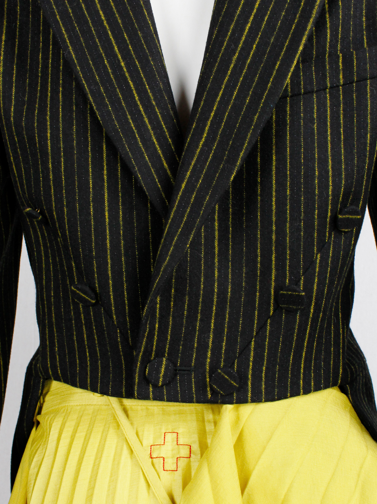 A.F. Vandevorst black long tailcoat with yellow pinstripes worn ...