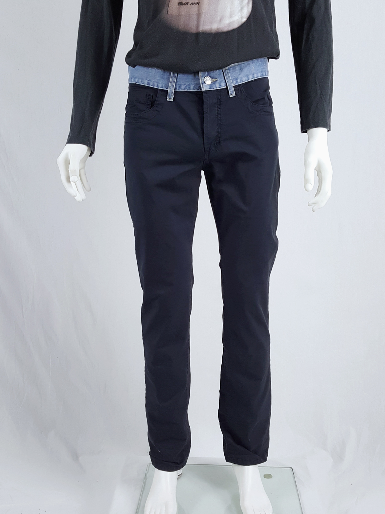 Dirk Bikkembergs dark blue trousers with integrated denim Dirk Bikkembergs dark blue trousers with integrated denim