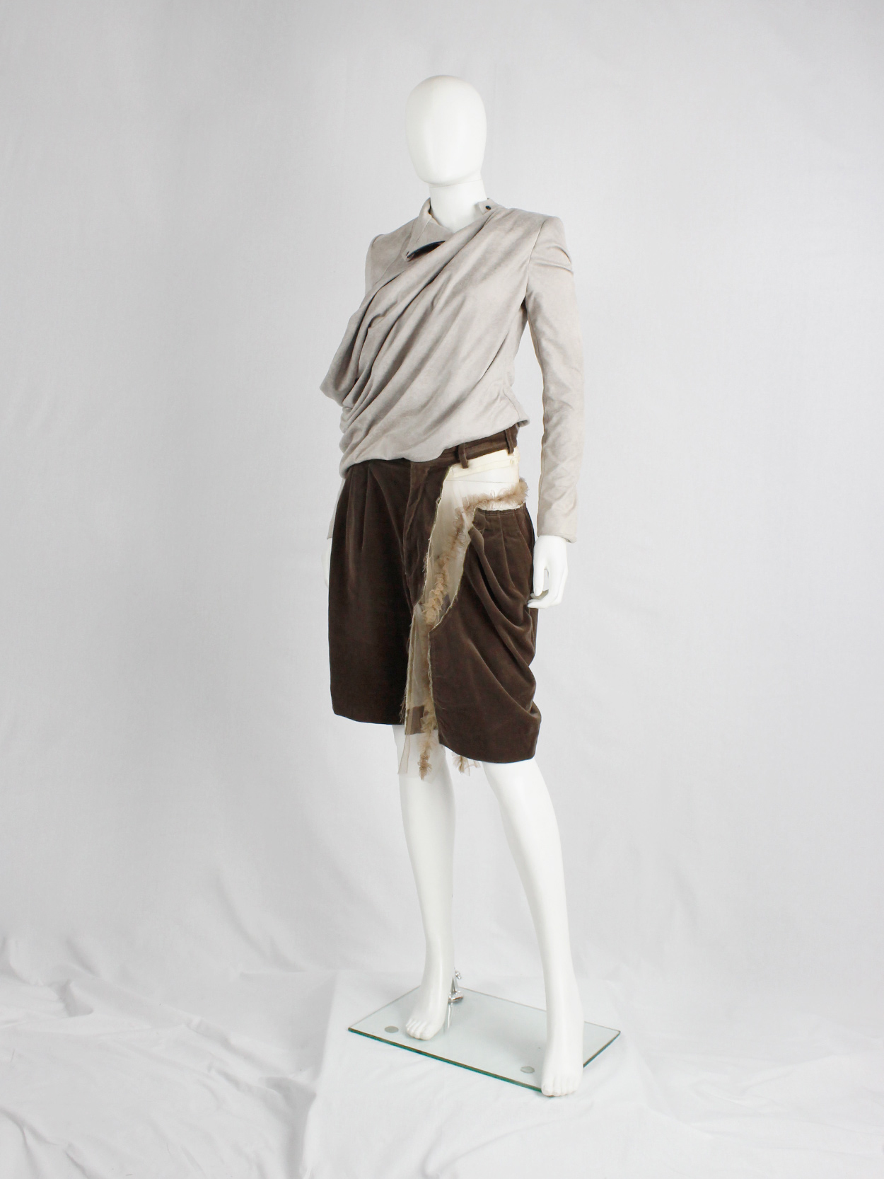 Comme des Garçons brown velvet shorts with cut off leg Comme des Garçons brown velvet shorts with cut off leg