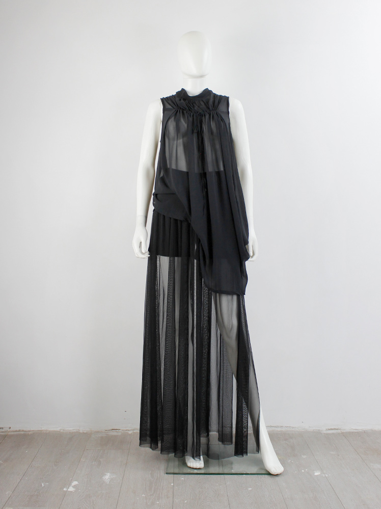 Ann Demeulemeester black sheer draped tunic with pleated top — fall ...