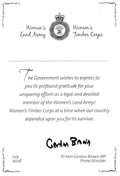 DEFRA 2008 Sample certificate - Women's Land Army