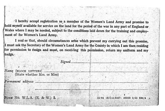 WW2 WLA Registration Form - Women's Land Army